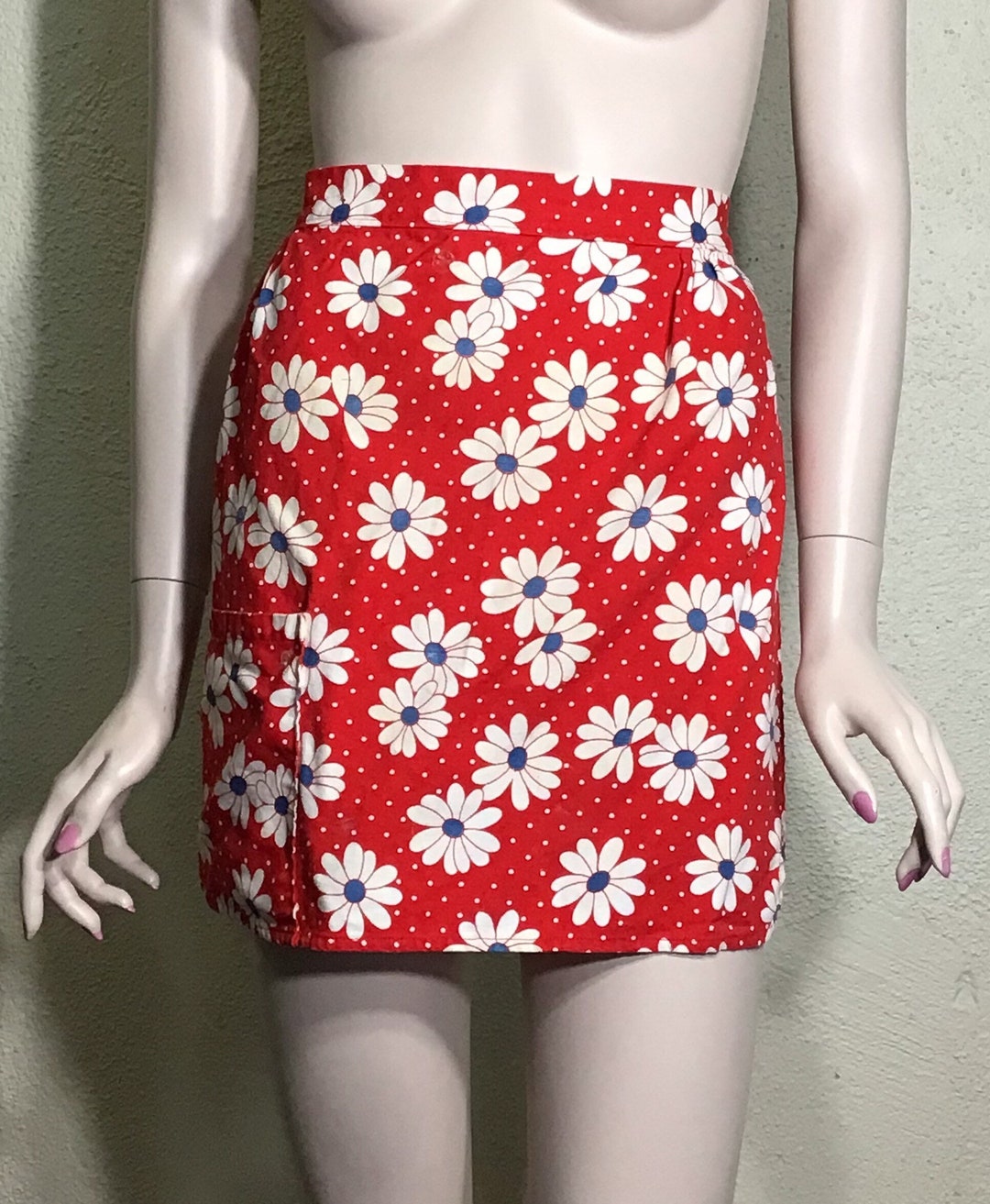 Vintage 80s Red Floral Apron: Apple Tree of California Cotton Half ...