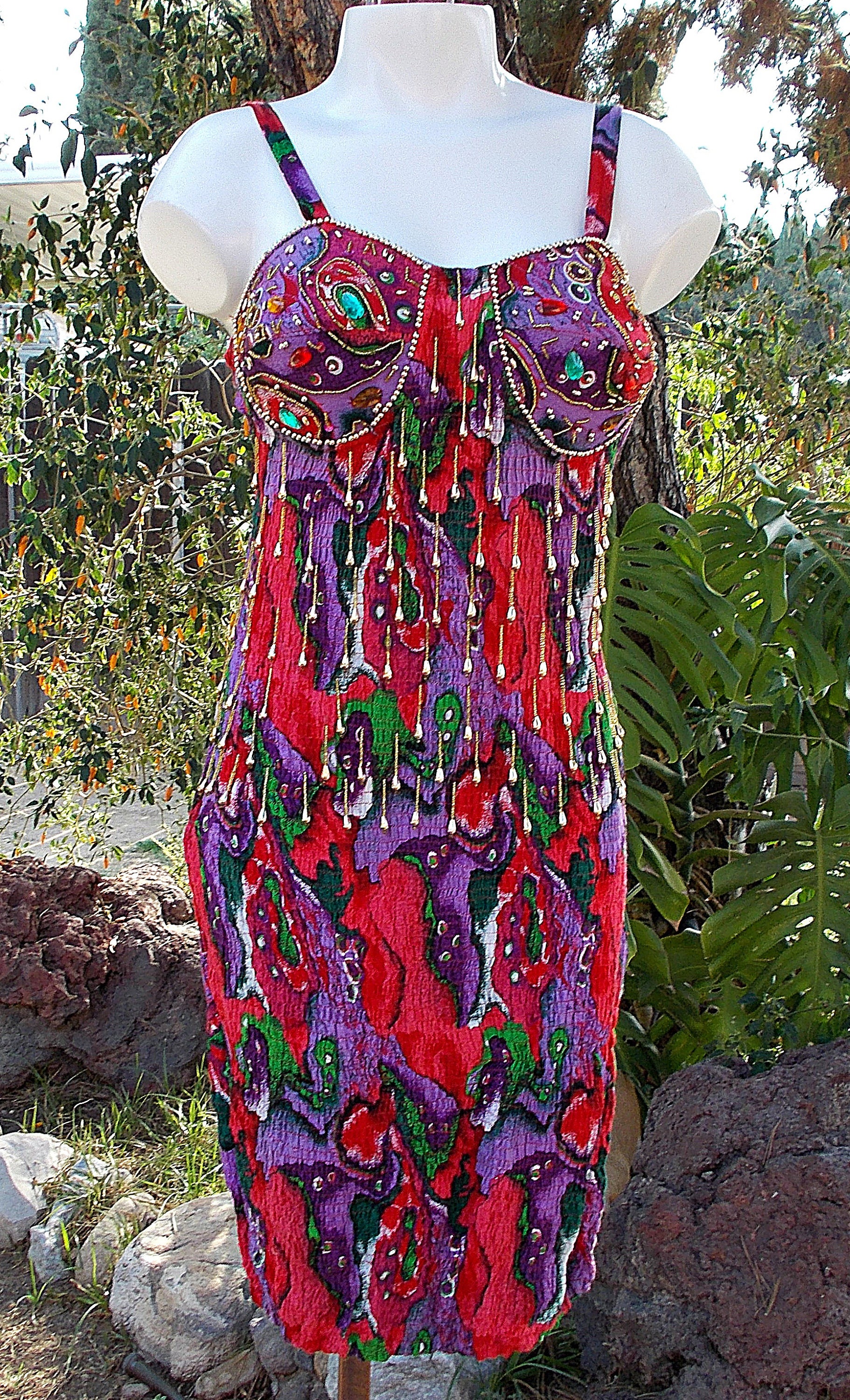 90s Sybra Collection Red Floral Gold Bead Spaghetti Strap Cocktail ...