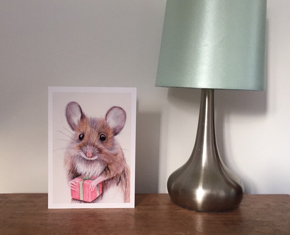 Cute Field Mouse, Holding Present, "chrismouse", 5" X 7" Greetings Card ...