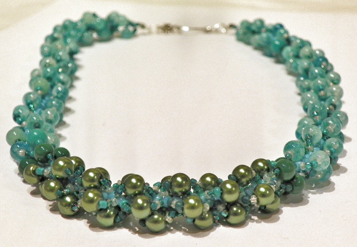 Teal Beadwork Necklace - Green and Teal Seed Bead Patterned Bracelet ...
