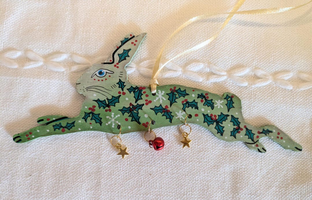 Unique Folk Art Hare Tree Decorations X1. Green With Holly. Hand ...