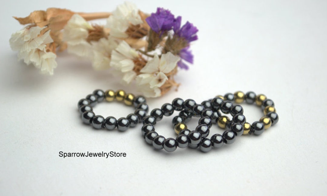 Hematite Stacking Stretch Rings Adjustable Beaded Gemstone Ring Boho ...