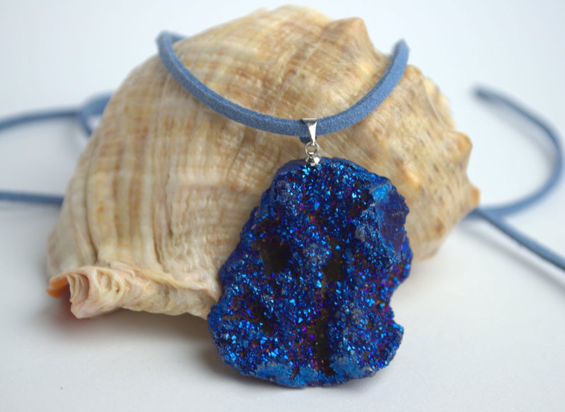 Raw Blue Druzy stone pendant Cobalt Titanium Blue Geode | Etsy