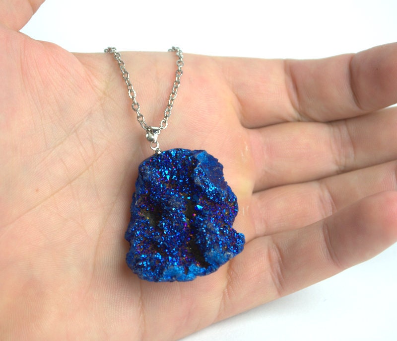 Raw Blue Druzy stone pendant Cobalt Titanium Blue Geode | Etsy
