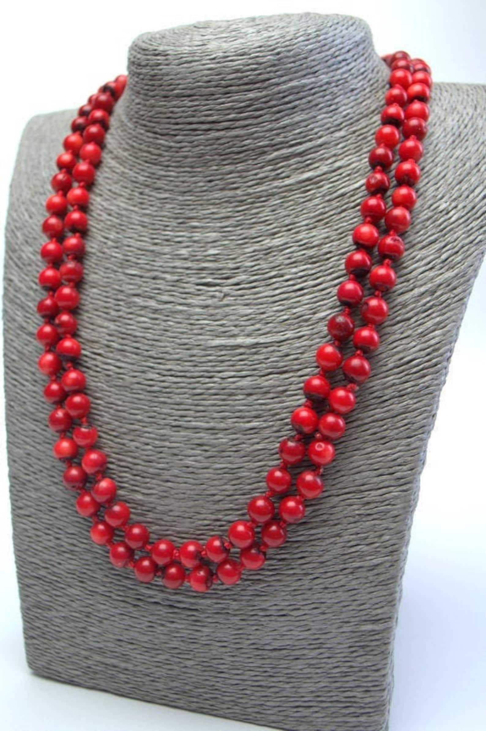 Long Natural Red Coral Necklace Long Multi Strand Wrap Statement ...