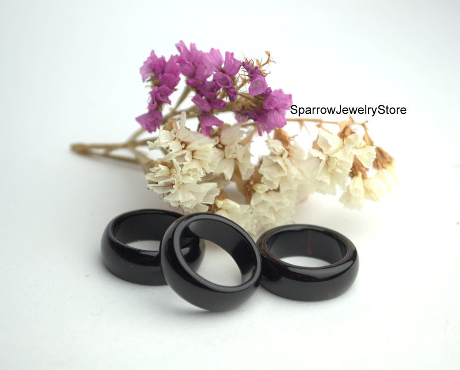 Natural black agate onyx stone band Solid stone rings size 6 7 | Etsy