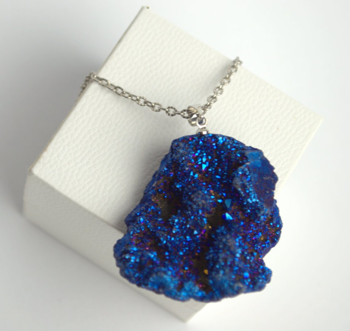 Raw Blue Druzy stone pendant Cobalt Titanium Blue Geode | Etsy
