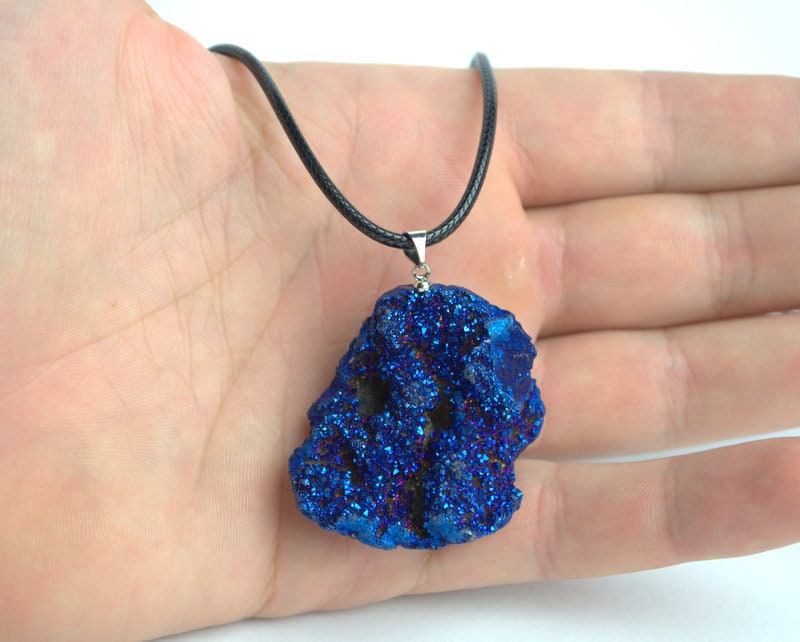 Raw Blue Druzy stone pendant Cobalt Titanium Blue Geode | Etsy