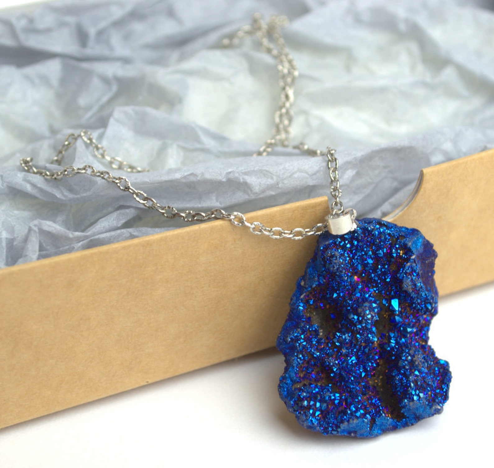 Raw Blue Druzy stone pendant Cobalt Titanium Blue Geode | Etsy