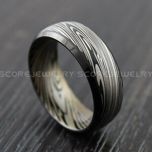 Damascus Steel Ring 8mm Black Tungsten Band With Domed Edge - Etsy