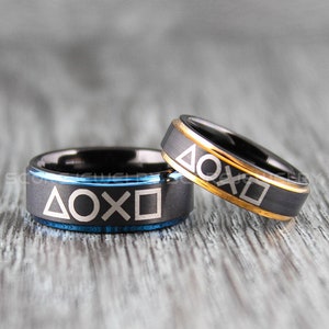 Gamer Rings, Gamer Jewelry, 2 Piece Couple Set Blue Tungsten Bands With ...