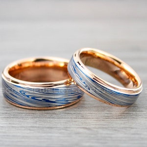 Damascus Steel Pattern Ring, 14K Rose Gold Tungsten Wedding Band Step ...