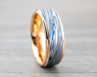 Damascus Steel Pattern Ring 14K Rose Gold Tungsten Wedding | Etsy