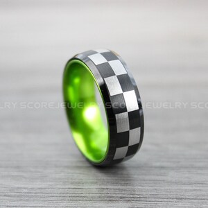 Racing Flag Ring, Checkered Flag Ring, Black Tungsten Band With Domed ...