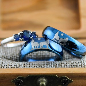 Wolves Wedding Rings Set, 3 Piece Couple Set 8mm & 6mm Blue Tungsten Bands and 3mm .925 Sterling ...