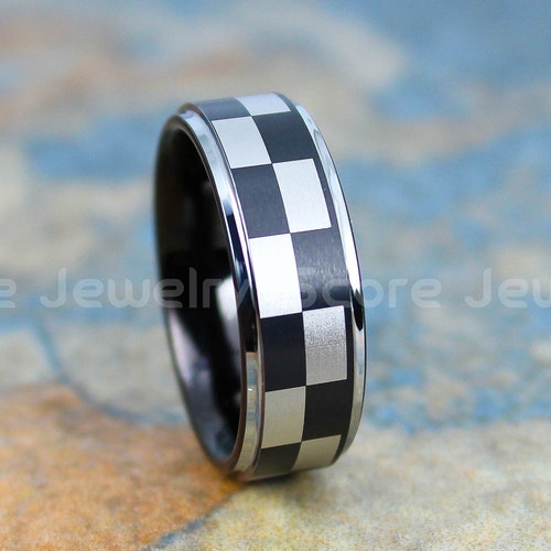 Racing Flag Ring Checkered Flag Ring Black Tungsten Band - Etsy