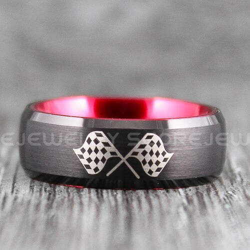 Racing Flag Ring Checkered Flag Ring Black Tungsten Band - Etsy
