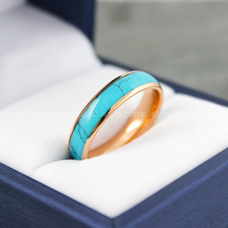 Turquoise Ring, Rose Gold Wedding Band, 6mm 14K Rose Gold Tungsten Band ...
