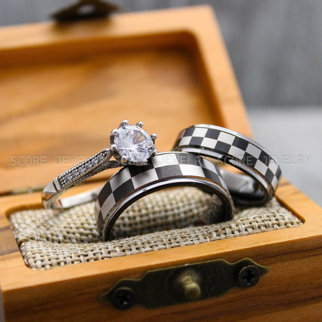 Racing Ring, Checkered Flag Ring 3 Piece Couple Set Tungsten Bands 2mm ...