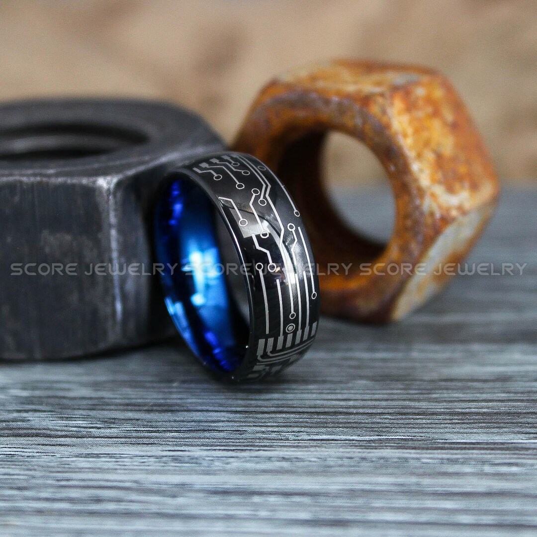 Circuit Board Ring, Gamer Ring, Teacher Ring, 8mm Black Tungsten Band ...