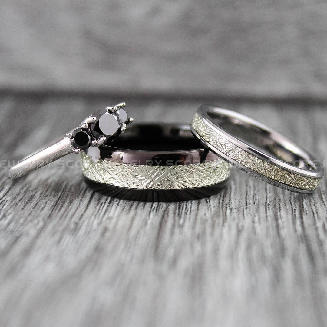 Meteorite Rings, Meteor Rings, 3 Piece Bridal Set Black Tungsten Bands ...