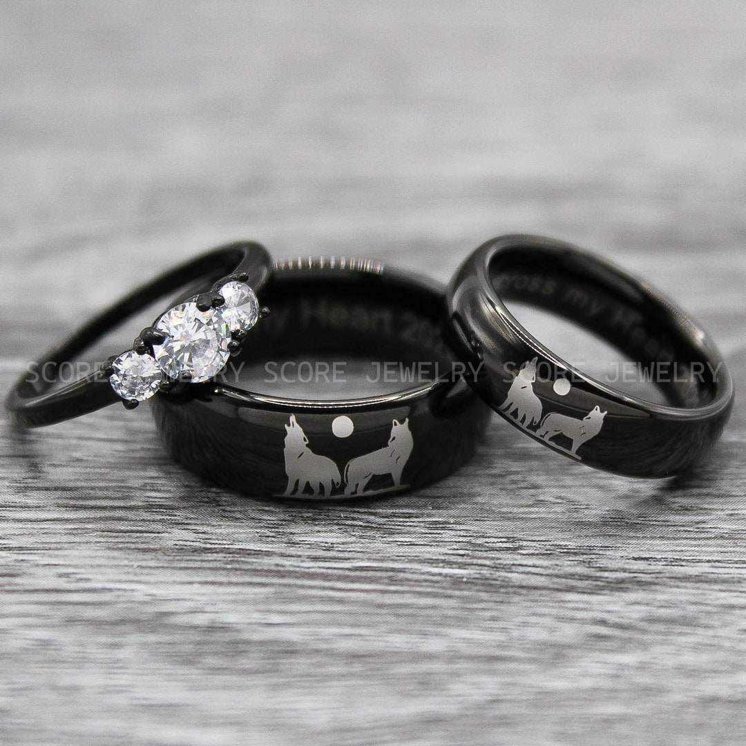 Wolves Wedding Rings Set, 3 Piece Couple Set 8mm & 6mm Black Tungsten ...