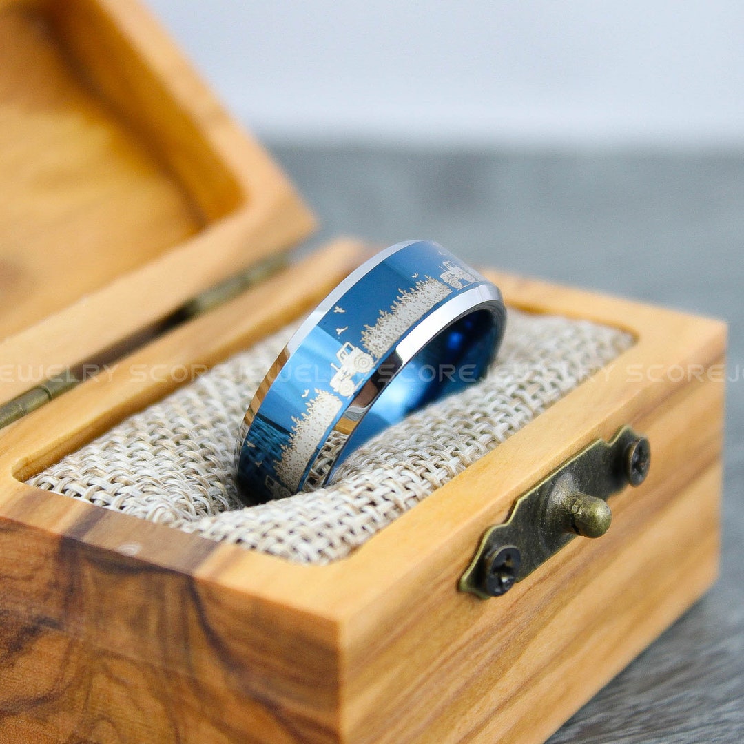 Tractor Ring, Farmer Ring, Rancher Ring 8mm Blue Tungsten Band Beveled ...