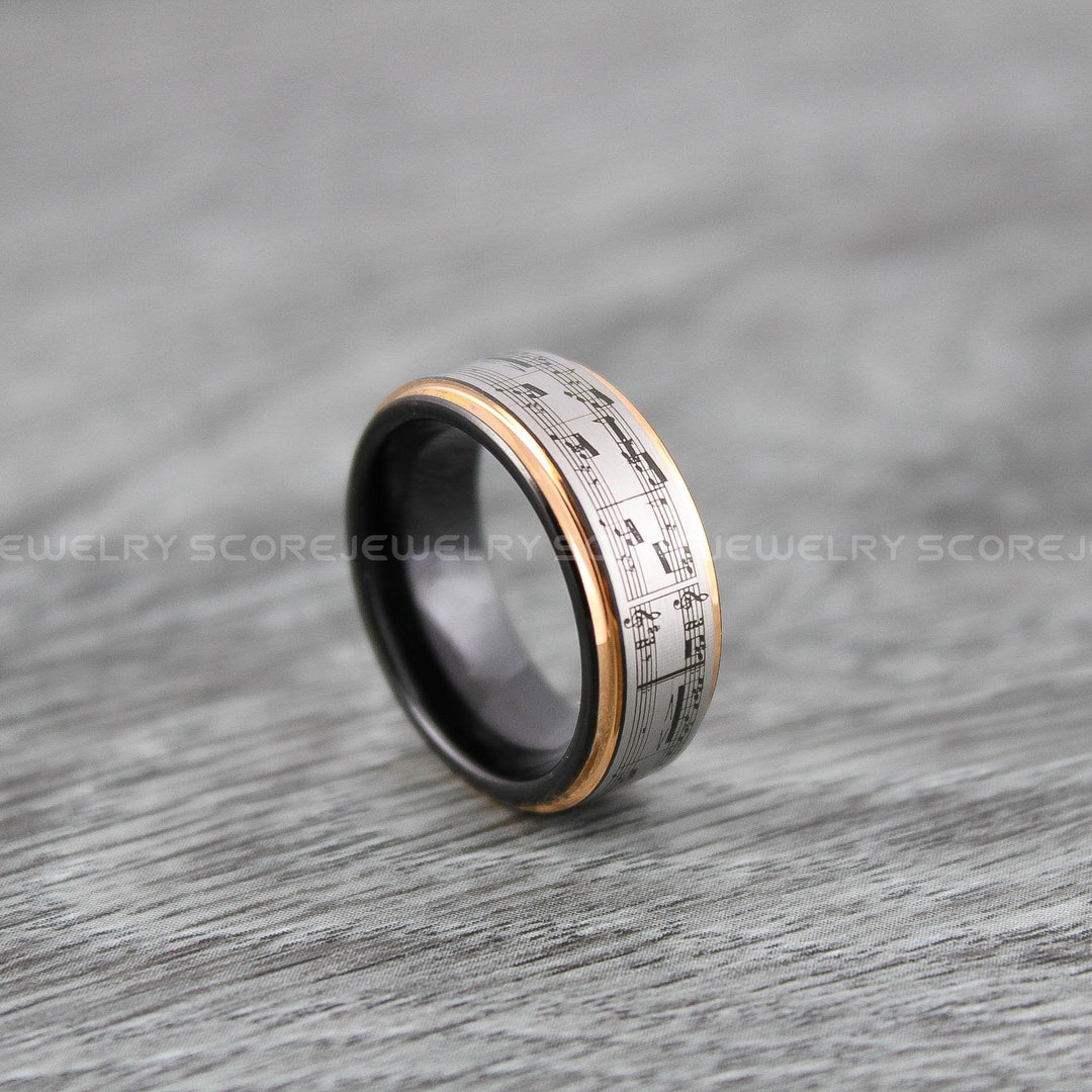 Music Ring, Music Sheet Ring, 8mm Black Tungsten Band With 14K Rose ...