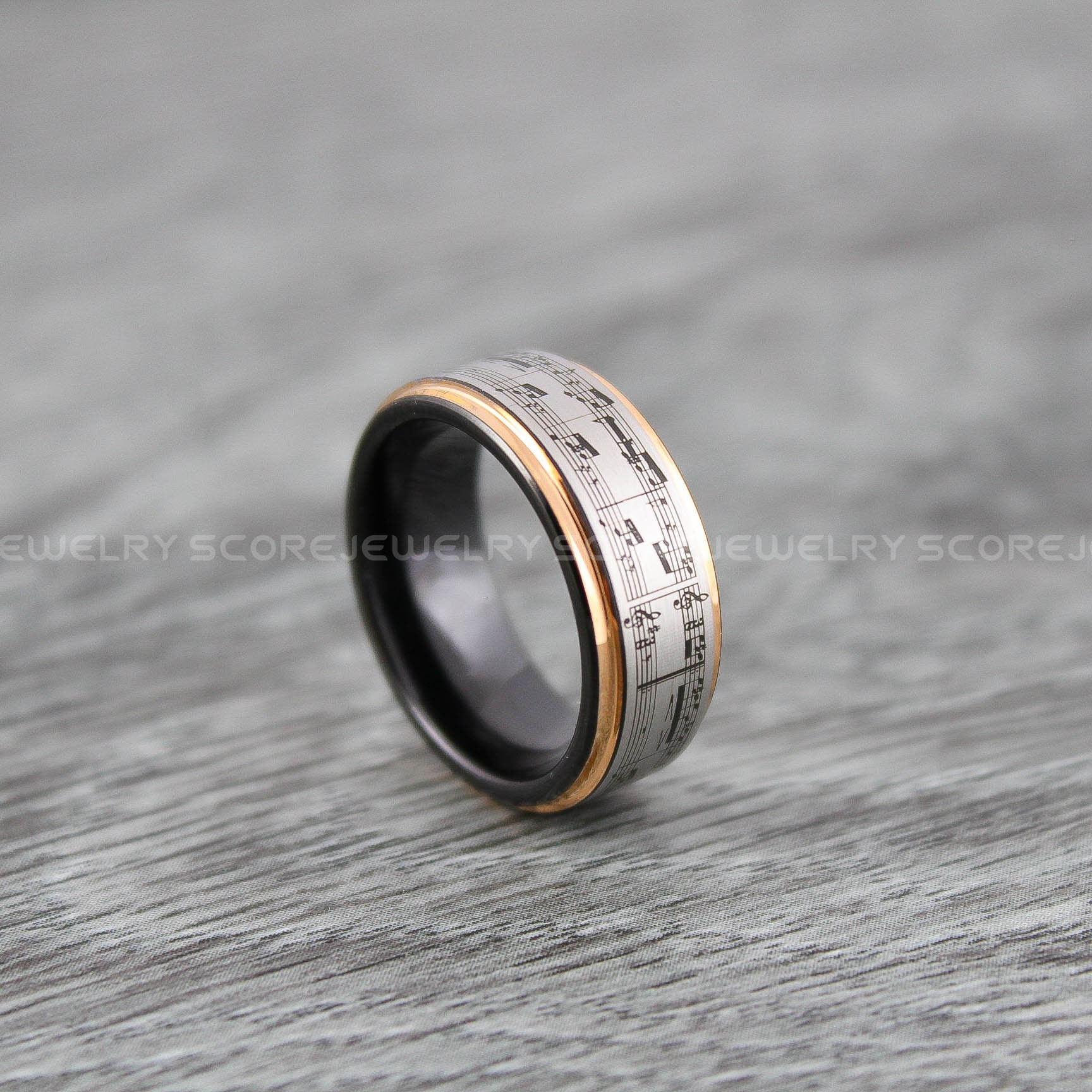Music Ring, Music Sheet Ring, 8mm Black Tungsten Band With 14K Rose ...