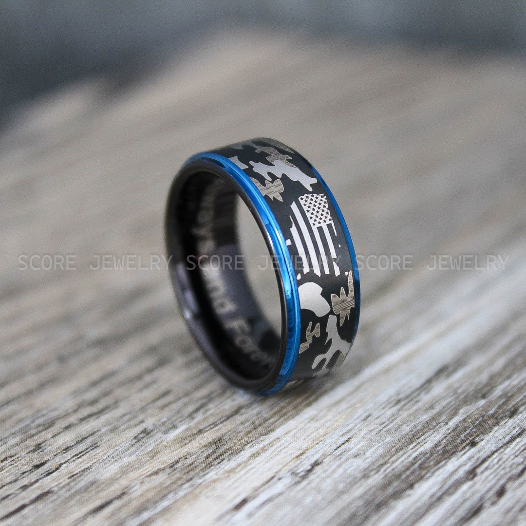 Camo Ring, American Flag Ring, 8mm Black Tungsten Band With Step Edge ...
