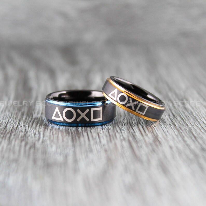 Gamer Rings, Gamer Jewelry, 2 Piece Couple Set Blue Tungsten Bands With ...