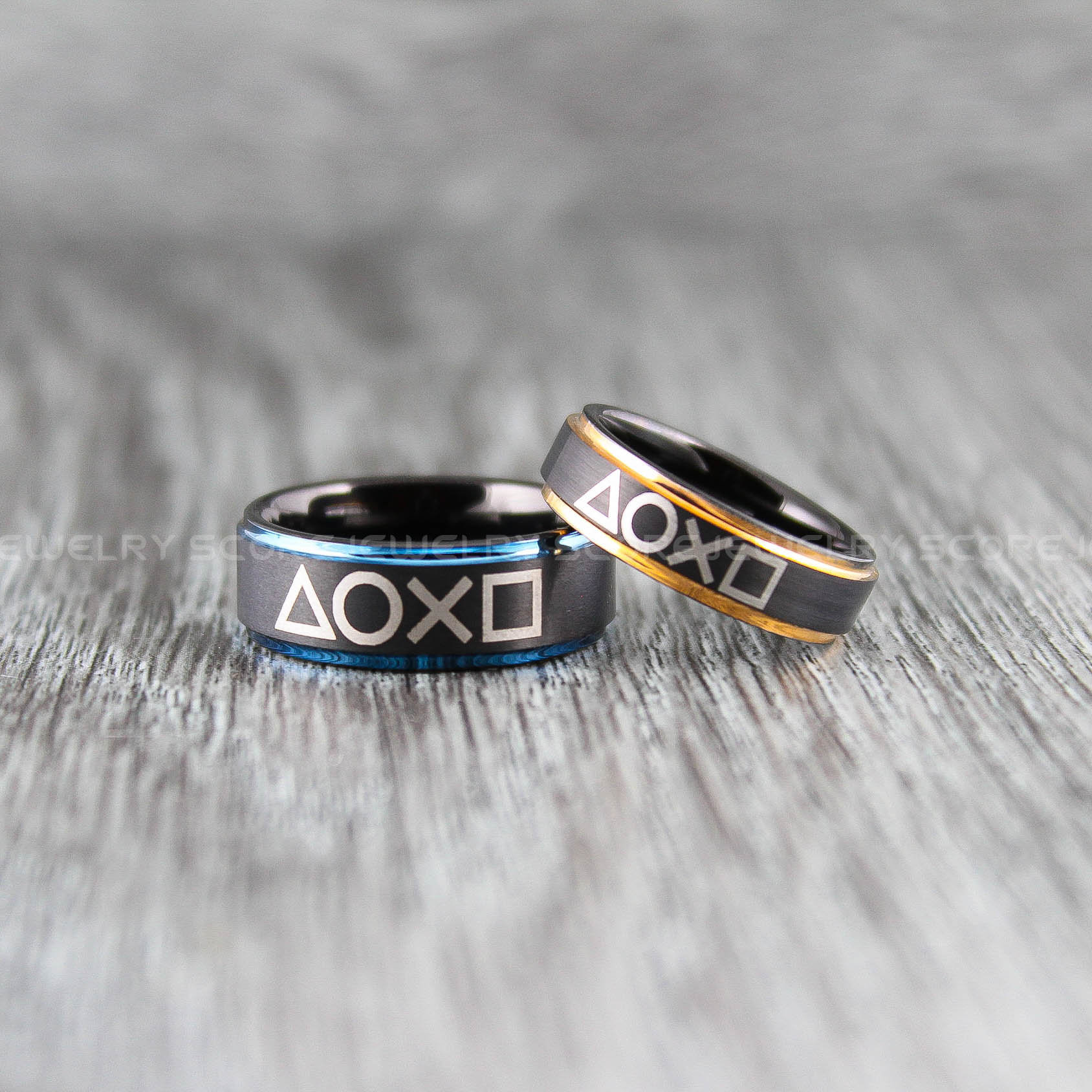 Gamer Rings, Gamer Jewelry, 2 Piece Couple Set Blue Tungsten Bands With ...