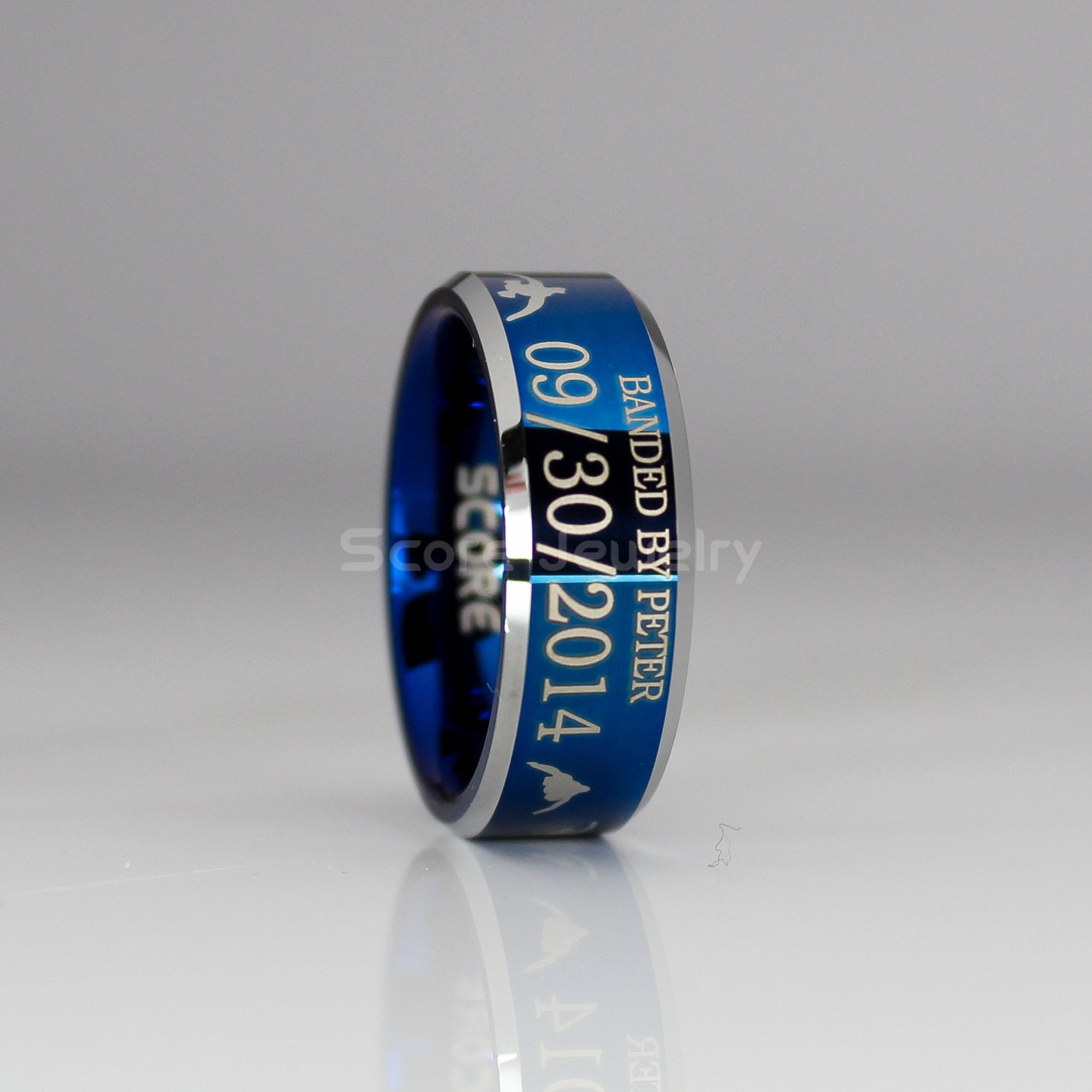 Duck Band Ring 8mm Blue Tungsten Band With Silver Beveled - Etsy
