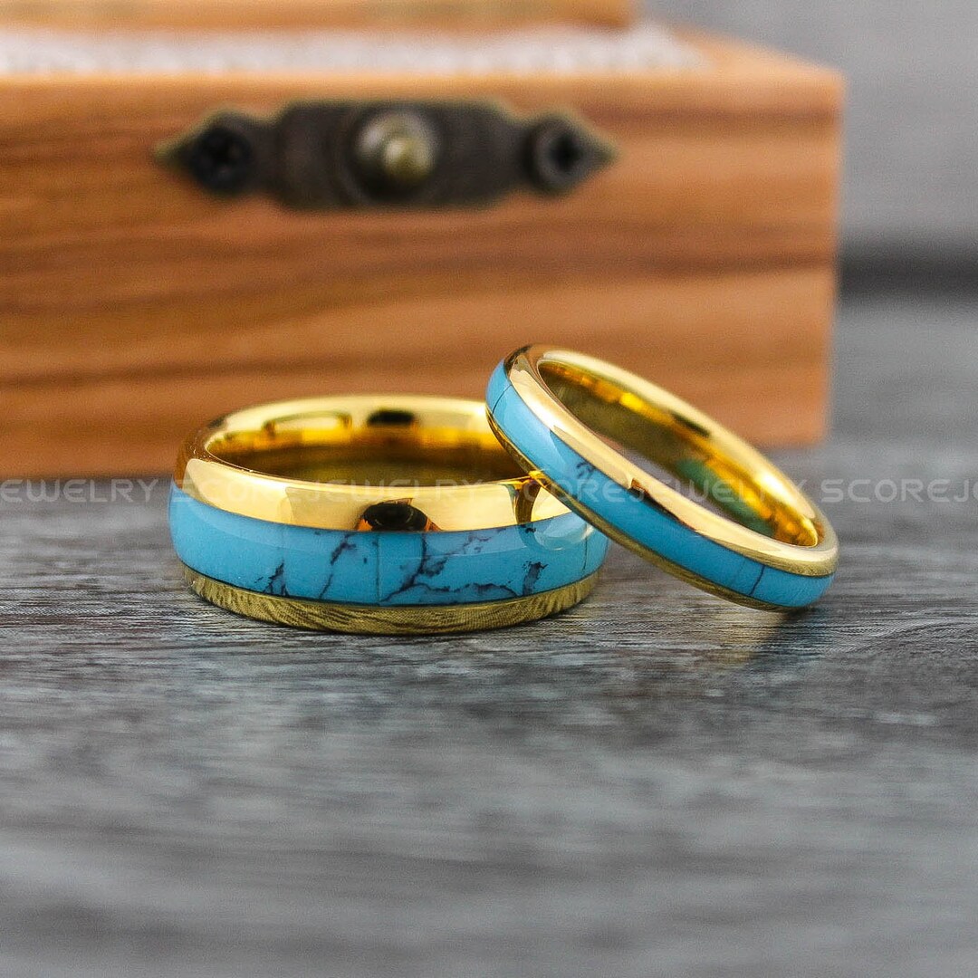 Turquoise Rings, Turquoise Wedding Bands, 2 Piece Couple Set Yellow ...