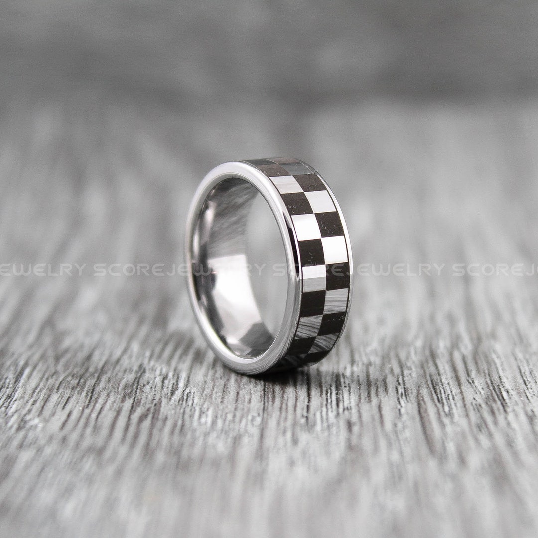Checkered Flag Ring, Racing Ring, 8mm Silver Tungsten Wedding Band With ...