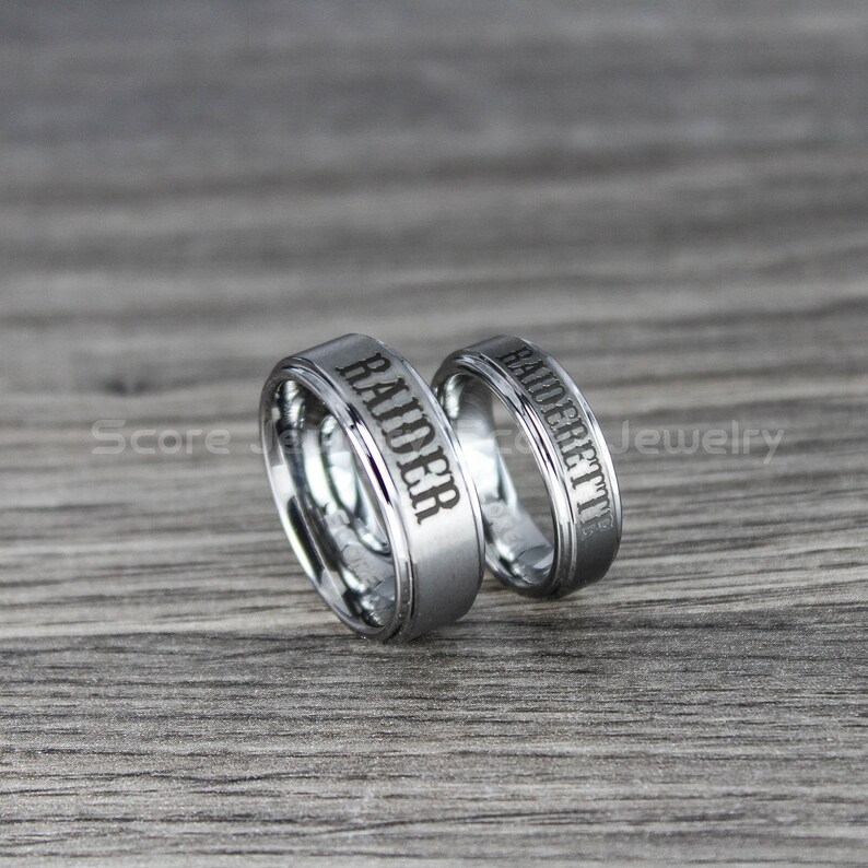 Raider & Raiderette Rings, 2 Piece Couple Set Black Tungsten Rings With ...