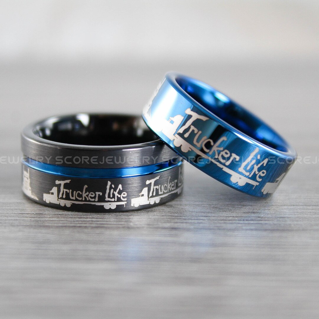 Trucker Ring, Trucker Couple Rings, Black Tungsten Band, Blue Tungsten ...