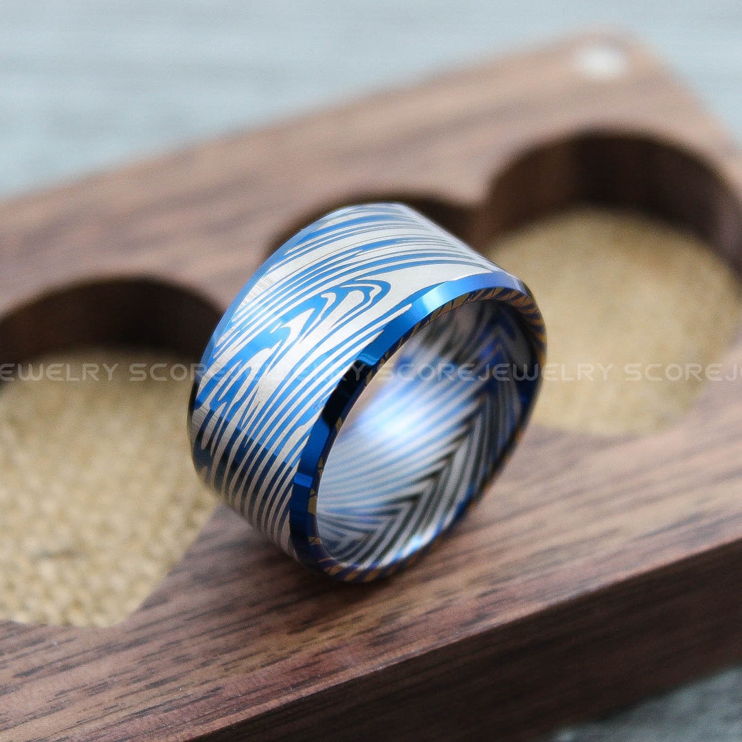 Damascus Steel Ring 12mm Blue Tungsten Band With Beveled Edge - Etsy