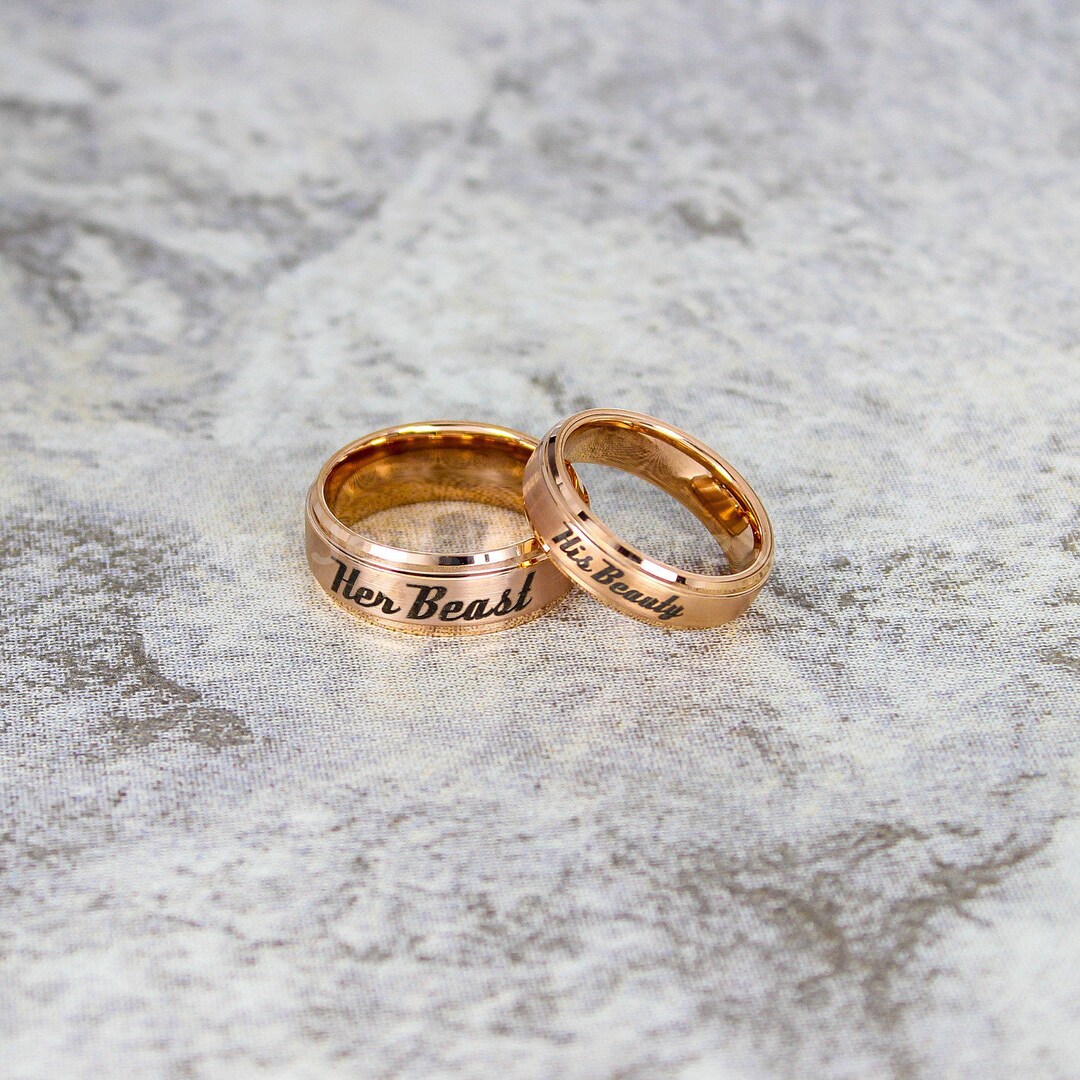 Beauty and Beast Rings, 2 Piece Couple Set Tungsten Bands Step Edge His ...