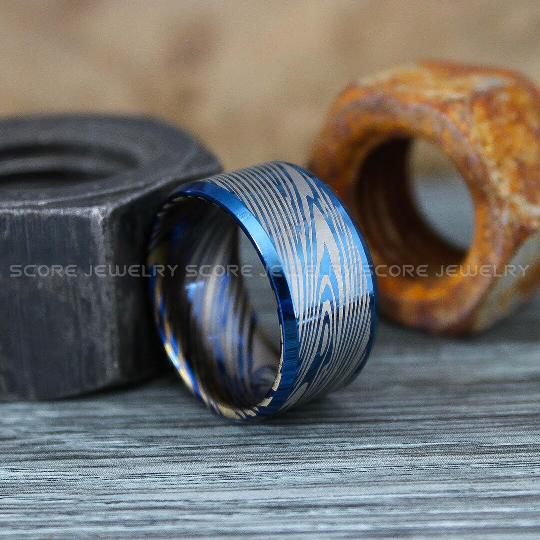 Damascus Steel Ring, 12mm Blue Tungsten Band With Beveled Edge Damascus ...