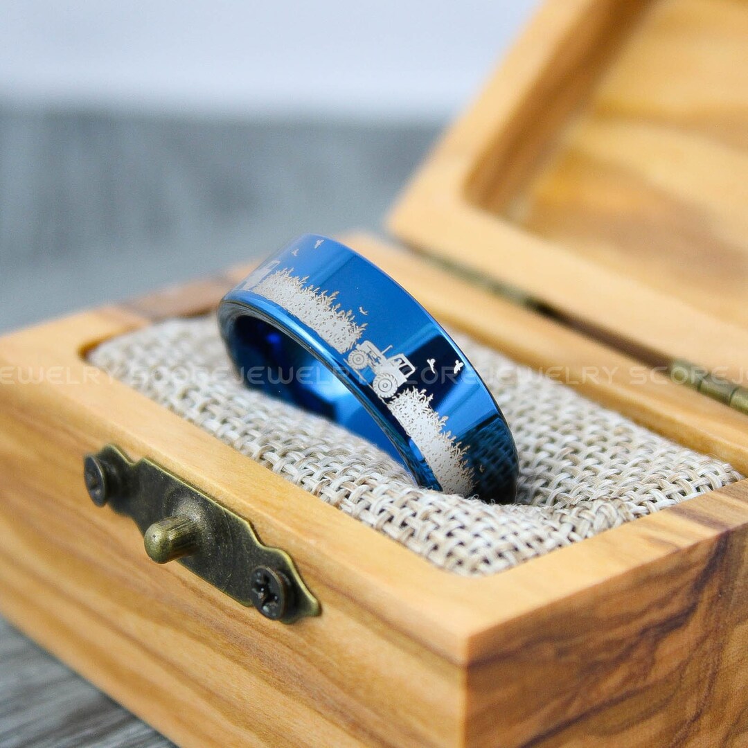 Tractor Ring, Farmer Ring, Rancher Ring 8mm Blue Tungsten Band With ...