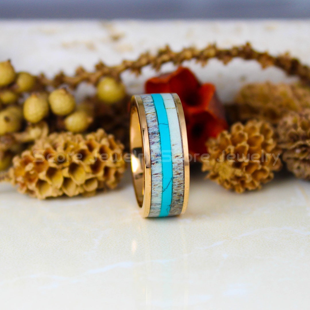 Turquoise Ring, Deer Antler Ring,v14k Rose Gold Tungsten Band With ...