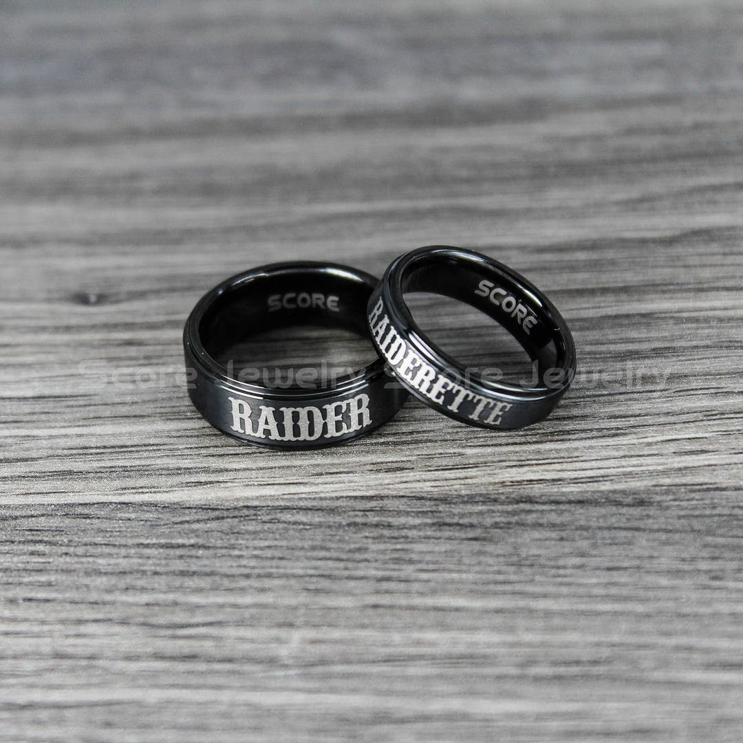 Raider & Raiderette Rings, 2 Piece Couple Set Black Tungsten Rings With ...