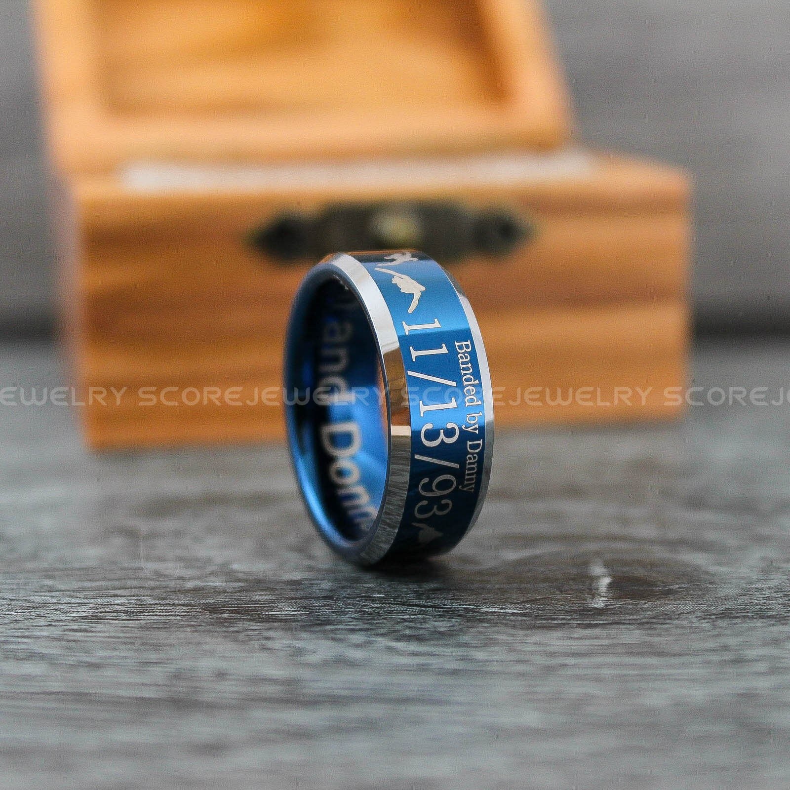 Duck Band Ring 8mm Blue Tungsten Band With Silver Beveled - Etsy