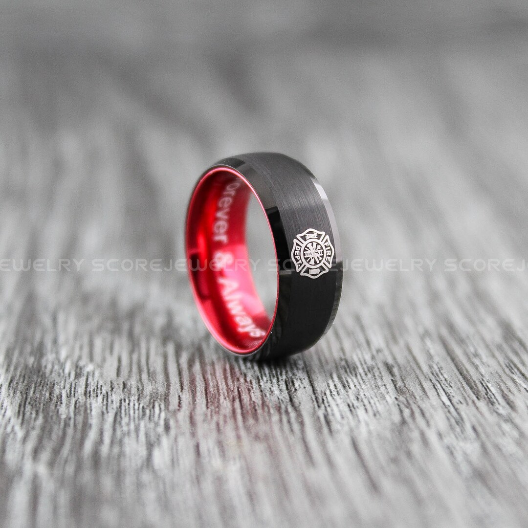 Fire Department Ring, Fireman Ring, Black Tungsten Band Brushed Finish ...