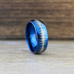 Sound Wave Rings, Soundwave Jewelry, Blue Tungsten Bands Domed Edge ...
