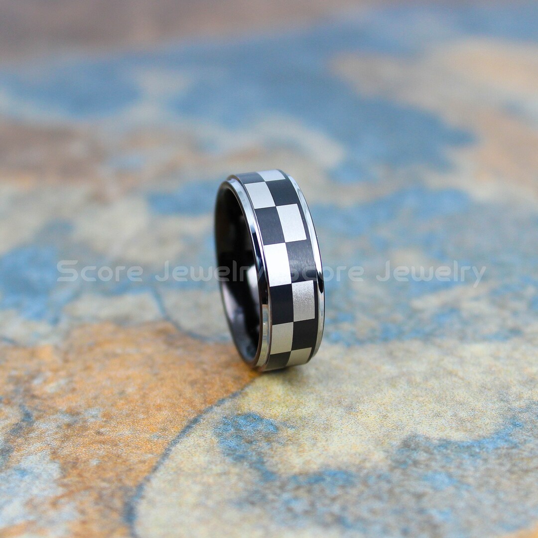 Checkered Flag Ring, Racing Ring, 8mm Black Tungsten Wedding Band ...