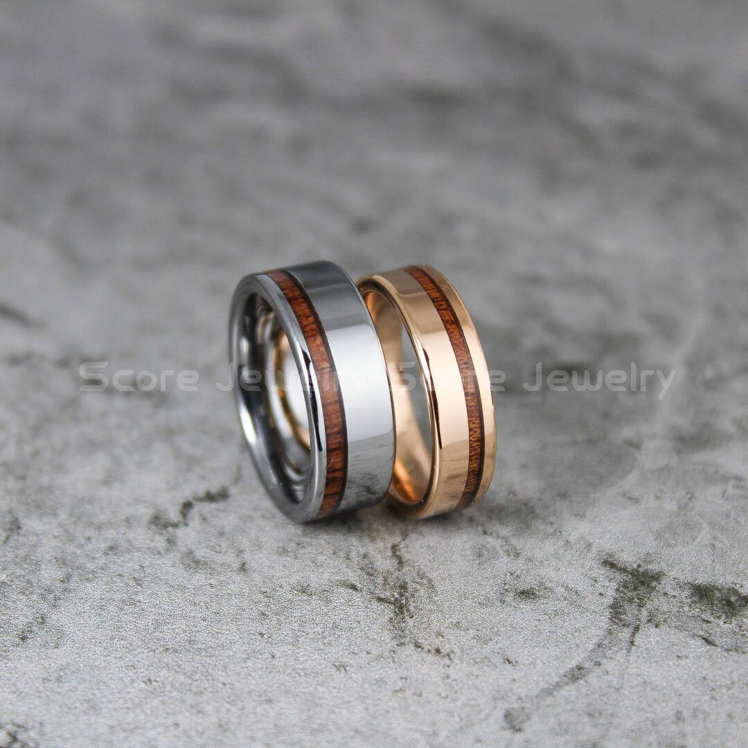 Wood Wedding Ring, 2 Piece Couple Set Tungsten Wedding Bands With Flat ...