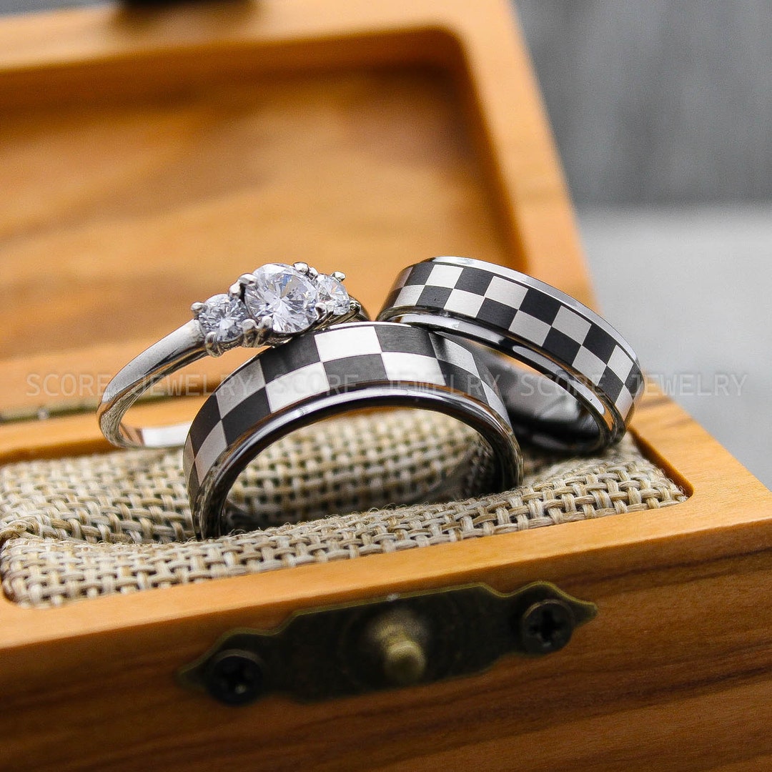 Racing Ring, Checkered Flag Ring 3 Piece Couple Set Tungsten Bands 2mm ...