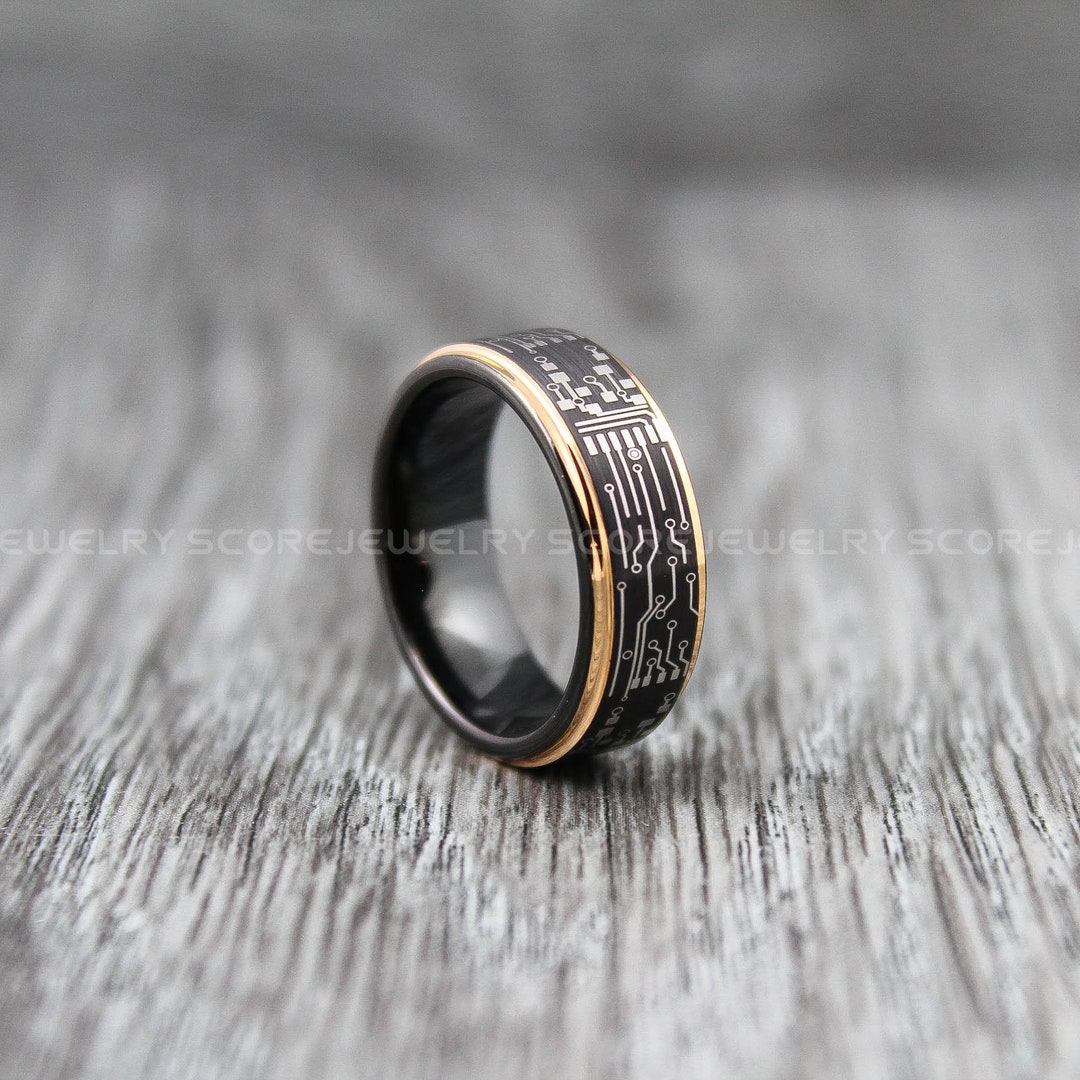 Circuit Board Ring, Gamer Ring, Black Tungsten Wedding Band With Rose ...